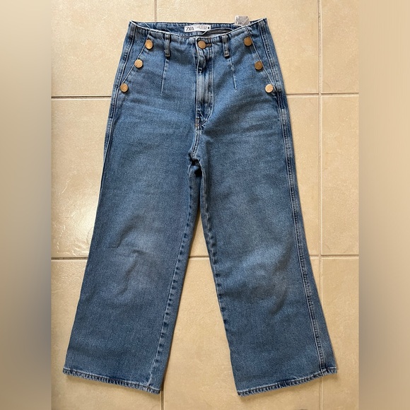 Zara | Jeans | Zara Womens Size 6 Blue High Waist Wide Leg Flare Gold ...